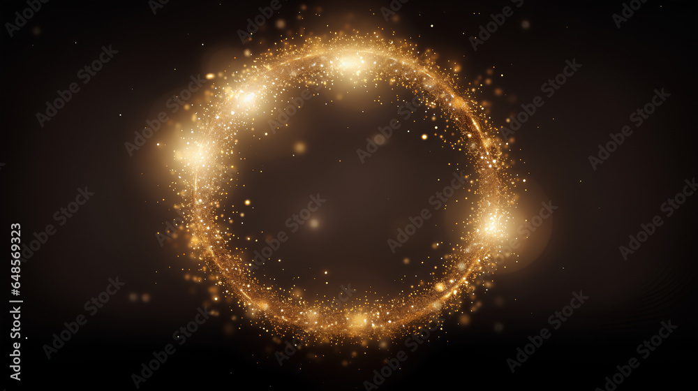 Gold sparkling light circle with shimmering particles with glare flare ...