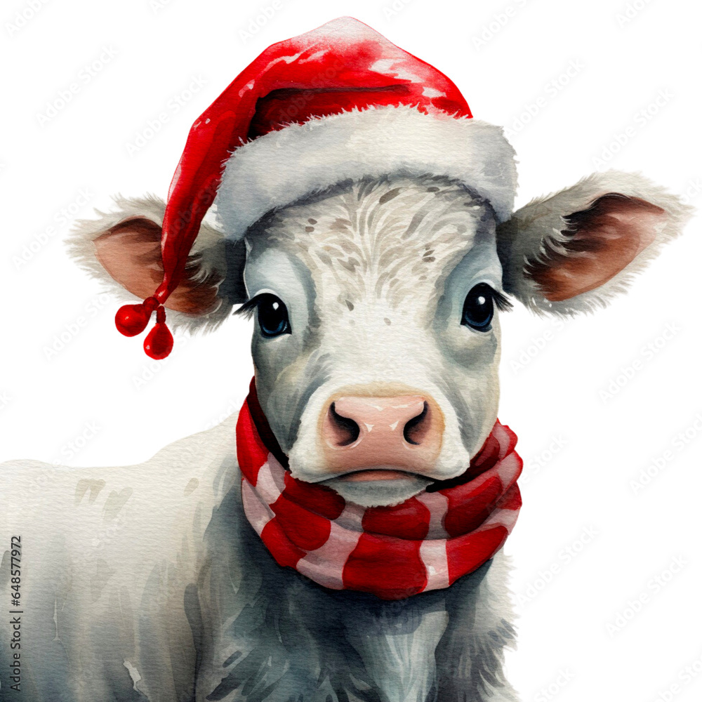 watercolor portraits of a Cute cow with a Santa hat, a Cute and funny ...