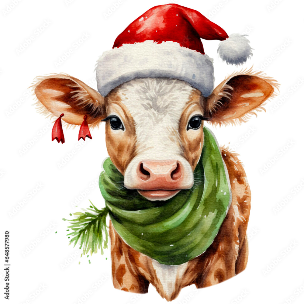 watercolor portraits of a Cute cow with a Santa hat, a Cute and funny ...