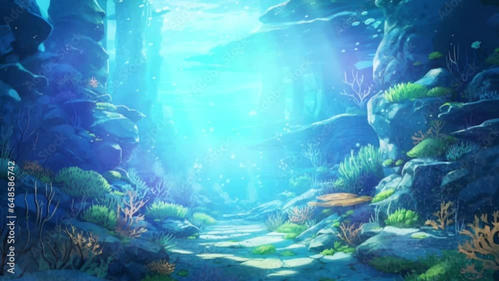 blue underwater fish and corals background in anime illustration style ...