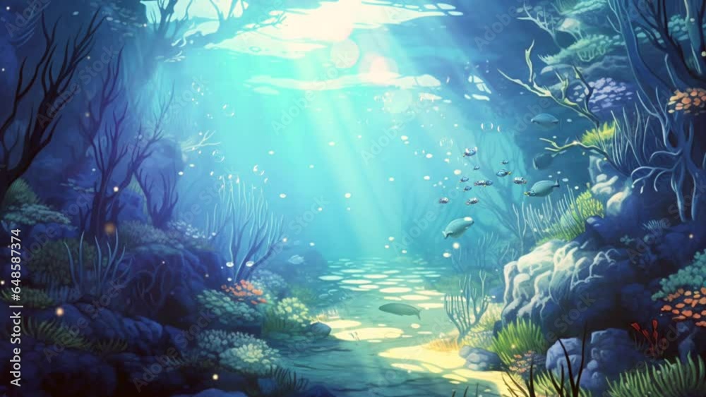 blue underwater fish and corals background in anime illustration style ...