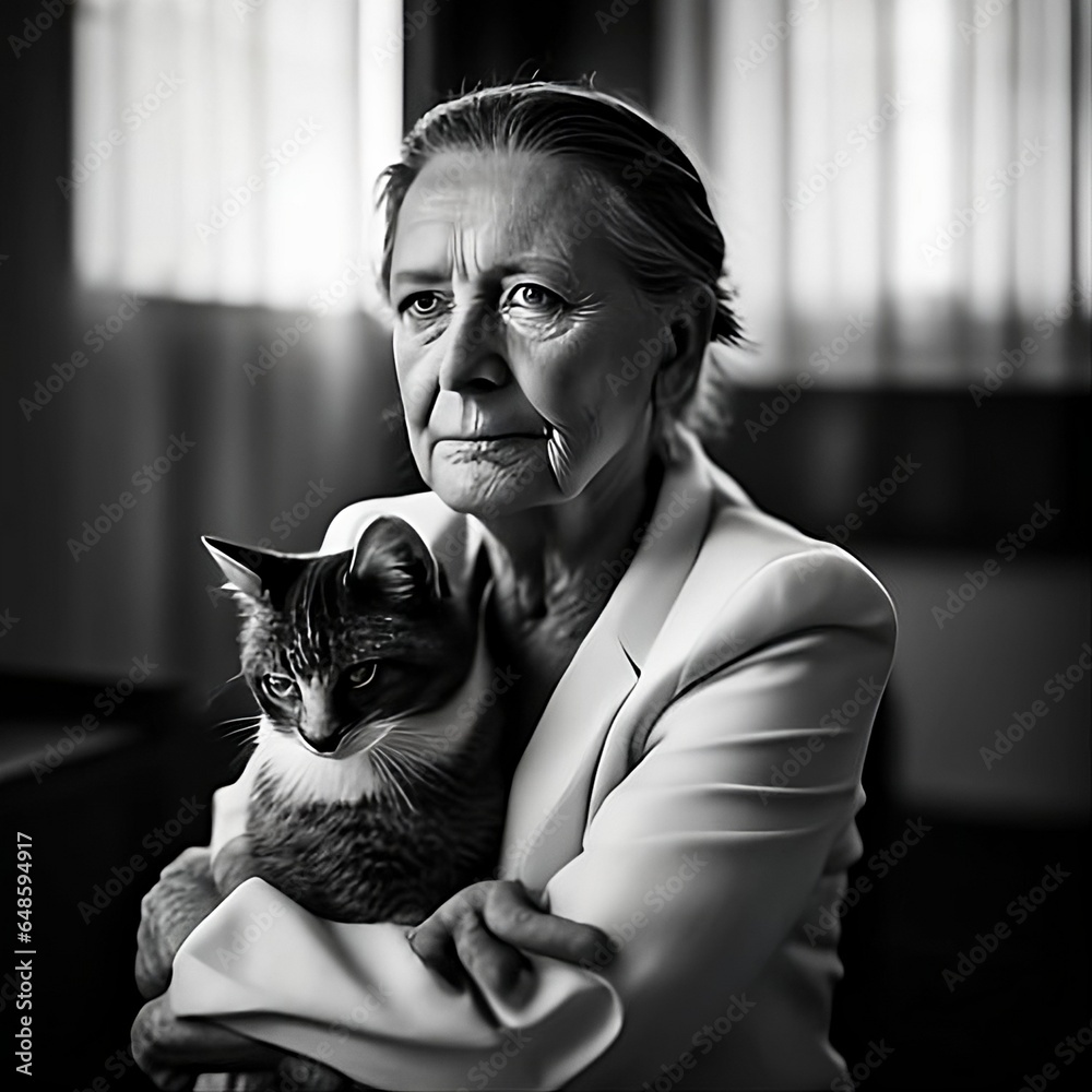 Mujer y gato. La soledad en la vejez. Imagen realizada en inteligencia ...