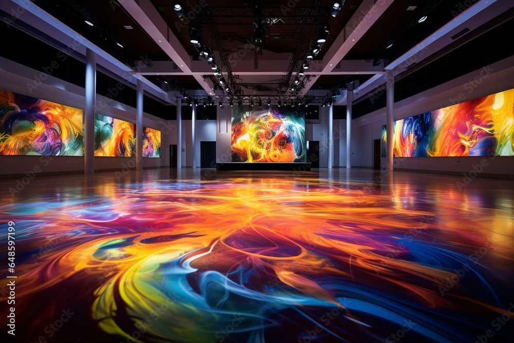 Perspective dance floor with vibrant colors and lights, expressing ...