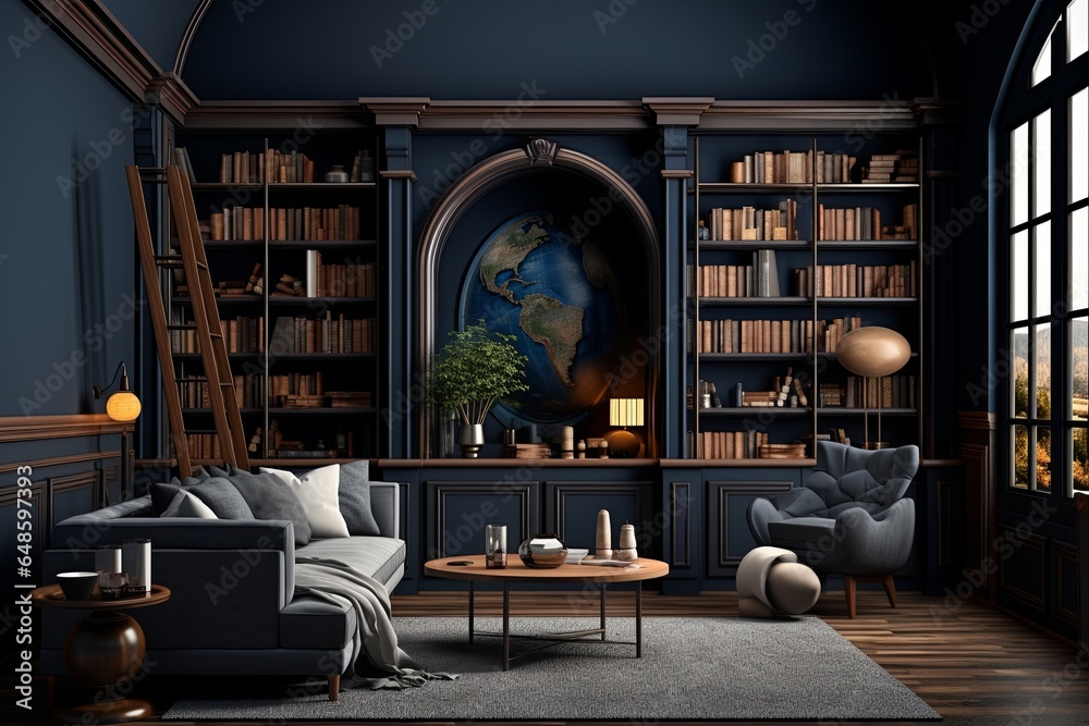 library denroom home interior design and decoration blue color classic ...