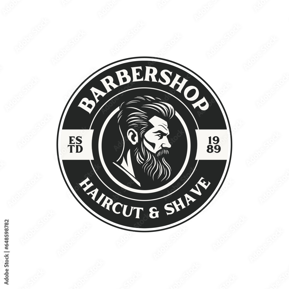 Stylish barber shop logo featuring a dashing man with a beard and ...