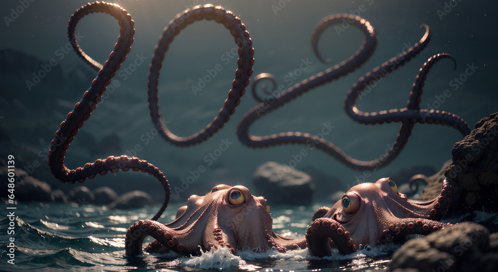 pink octopus spelling out 2024 with dark purple tentacles in moody ...