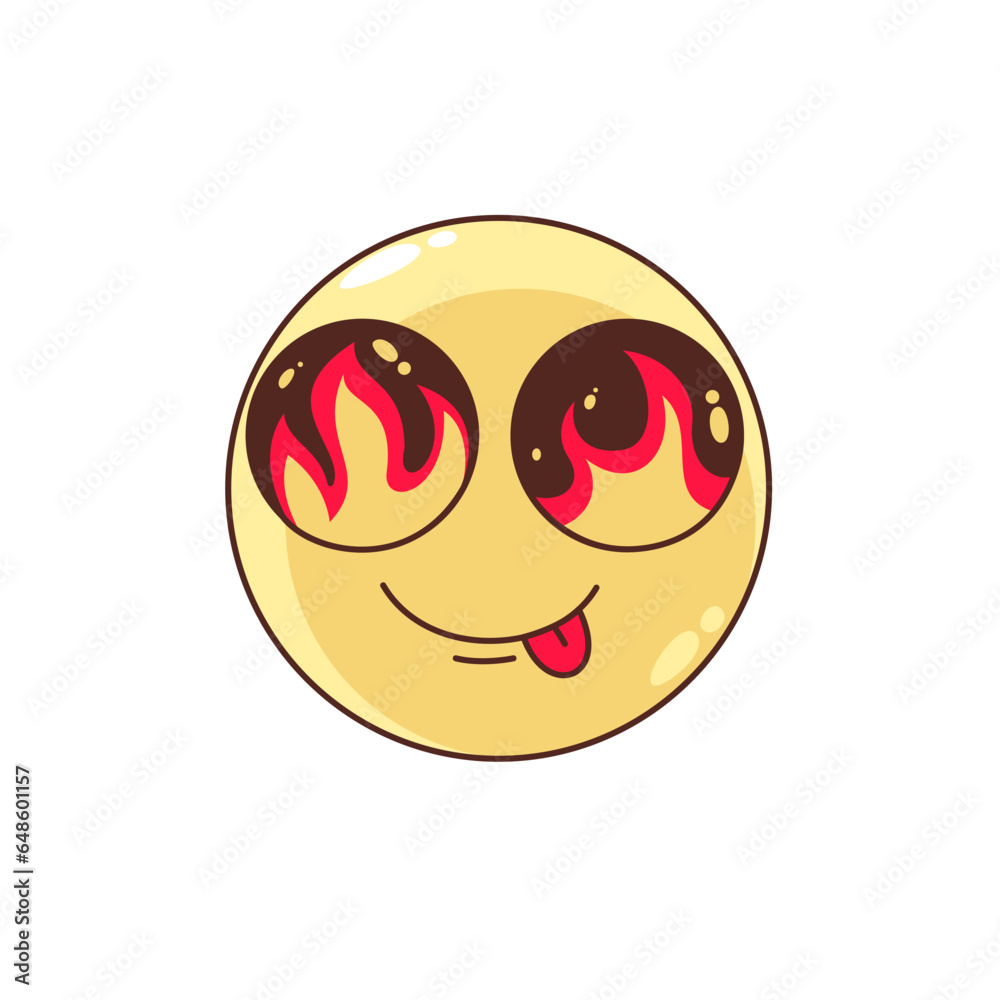 Groovy trippy emoji with fire in eyes vector illustration. Cartoon ...