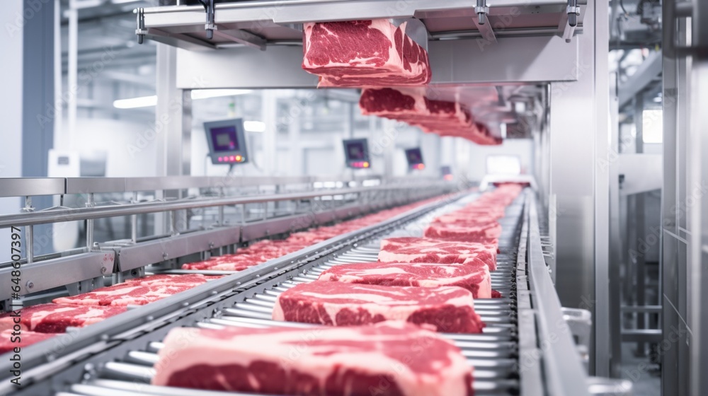 the meat processing plant of contemporary food factory,the automated ...