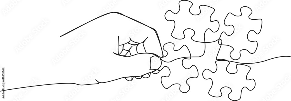 continuous single line drawing of hand holding jigsaw puzzle piece ...