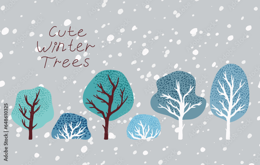 Cute Winter Trees with Bush and Snowfall Vector Background Stock Vector ...