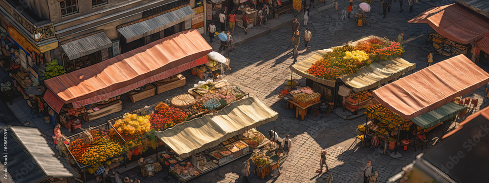 Aerial view of a bustling outdoor food market in an exotic location ...
