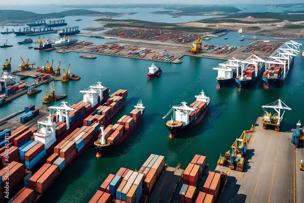 crowded port where cargo ships are loading and unloading, cranes are ...