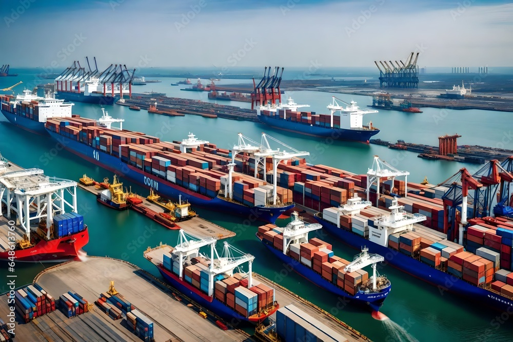 crowded port where cargo ships are loading and unloading, cranes are ...