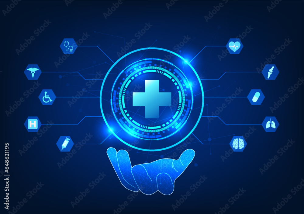 Medical technology Hand holding technology circle connected to medical ...