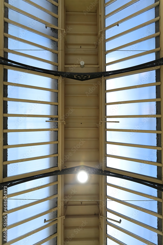 Glass roof on iron arches of the AD 1870 opened The Royal Arcade ...