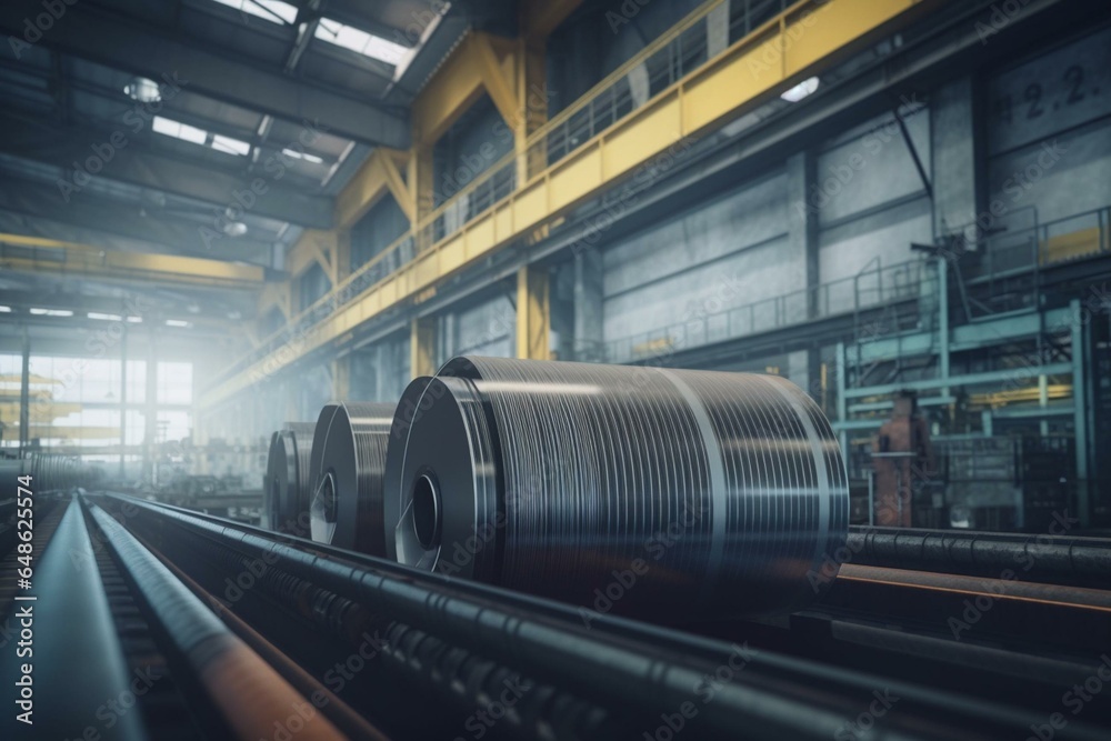 3D rendering of steel coil in factory with overhead crane and ...