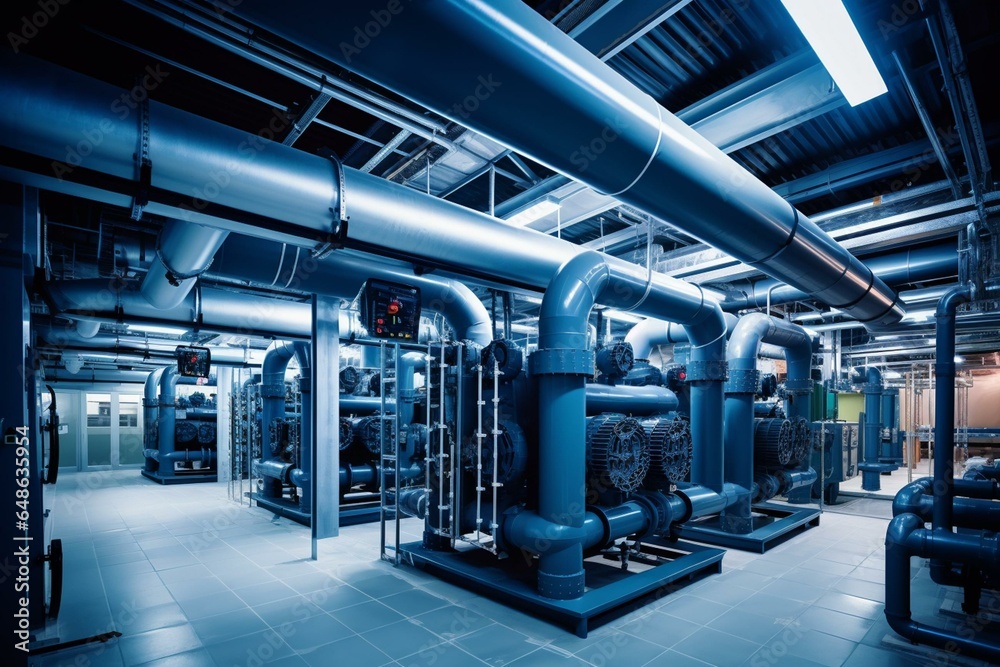 Industrial HVAC system with chiller, boiler, heating, ventilation, air ...