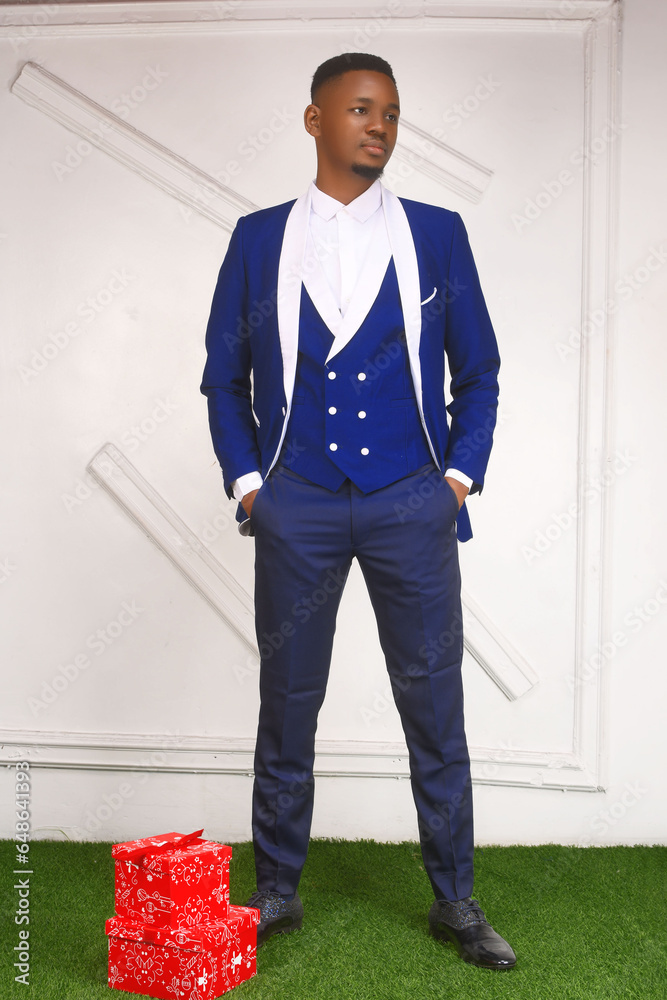 A man in a blue suit with a white button down the middle Handsome happy ...