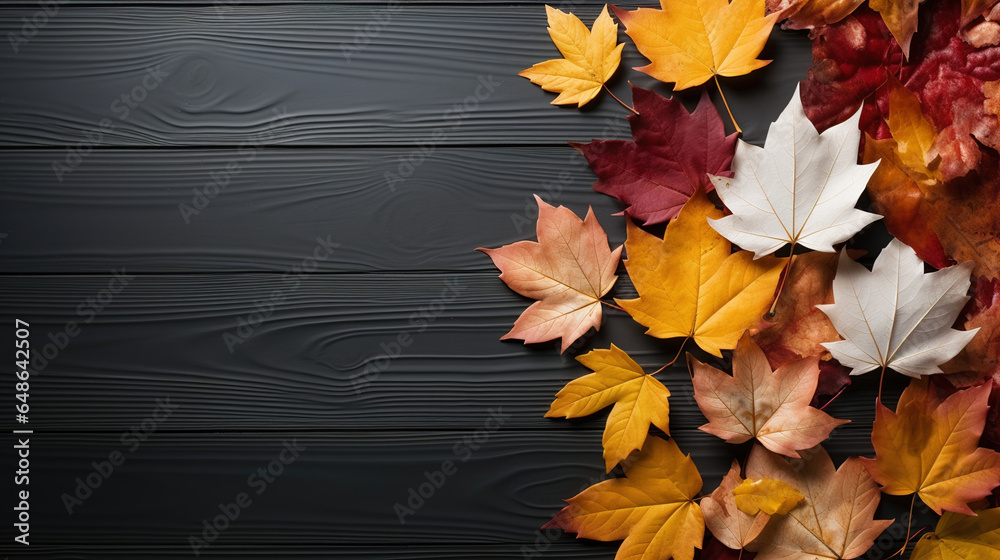 Autumn leaves and wooden floor, top view. Background with margins ...