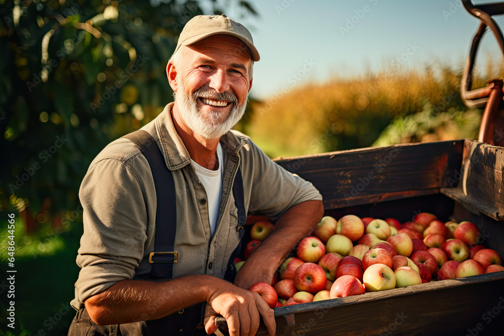 Apple orchard, portrait of a old mature farmer man smiling with clean ...