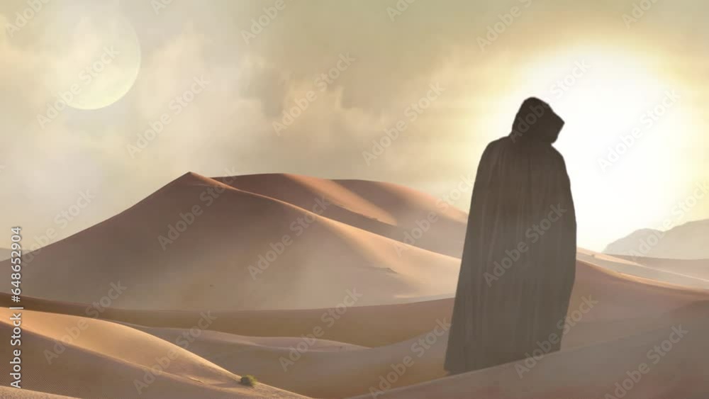 Black Cloaked Figure with Sword in Desert 4K features a man in a black ...