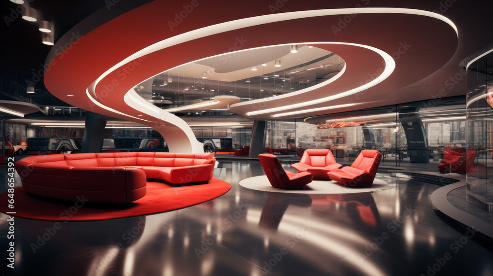 Luxury car dealership interior design. Interior of car showroom ...