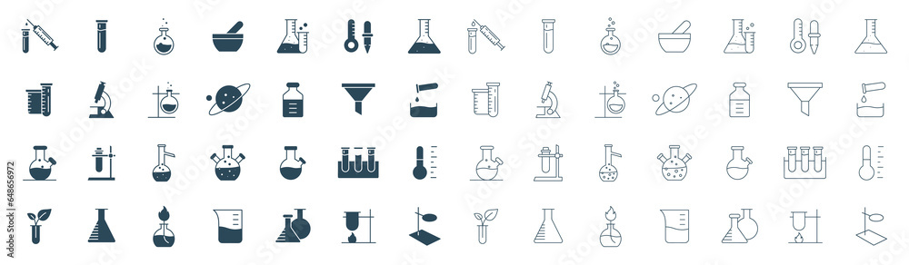 Science Laboratory Equipment Icon Set. Pharmacy lab glassware, beakers ...