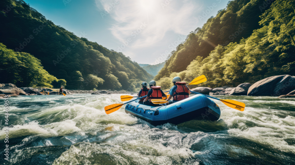 Rafting on large boat on mountain river. Team cohesion, team building ...
