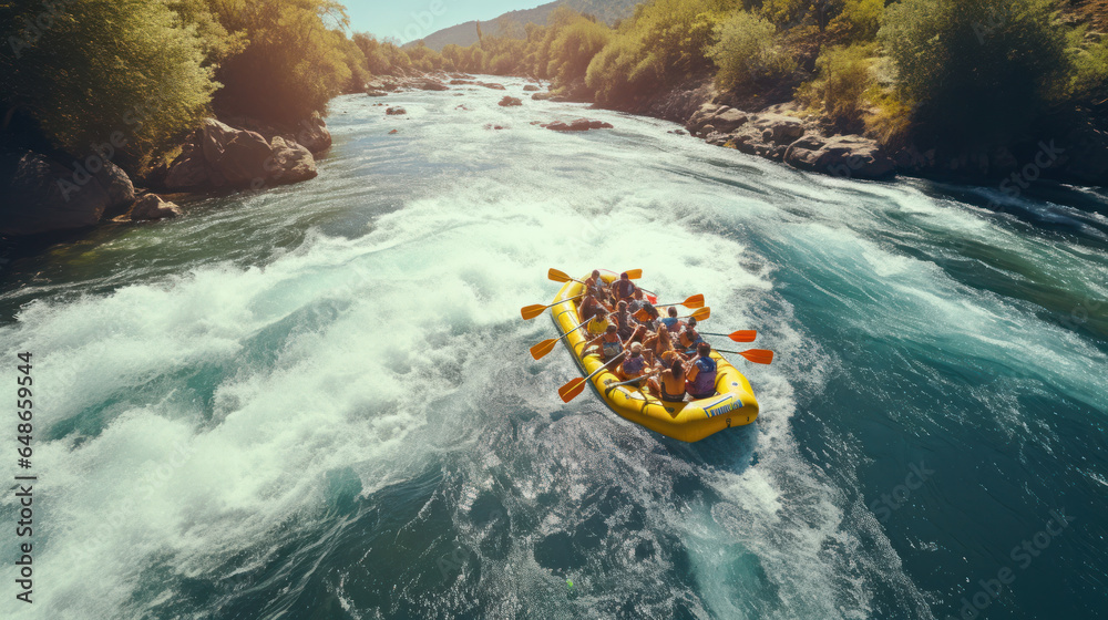 Rafting on large boat on mountain river. Team cohesion, team building ...