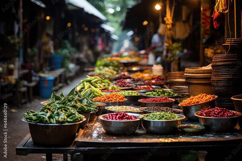 Bustling market filled with vibrant colors, where vendors display a ...