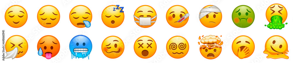Sleepy and Unwell emojis set. Emoticons big set. Vector icons set ...
