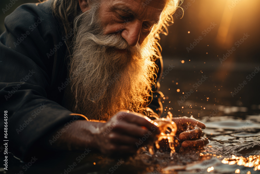 A person participating in the Tashlich ceremony, casting breadcrumbs ...