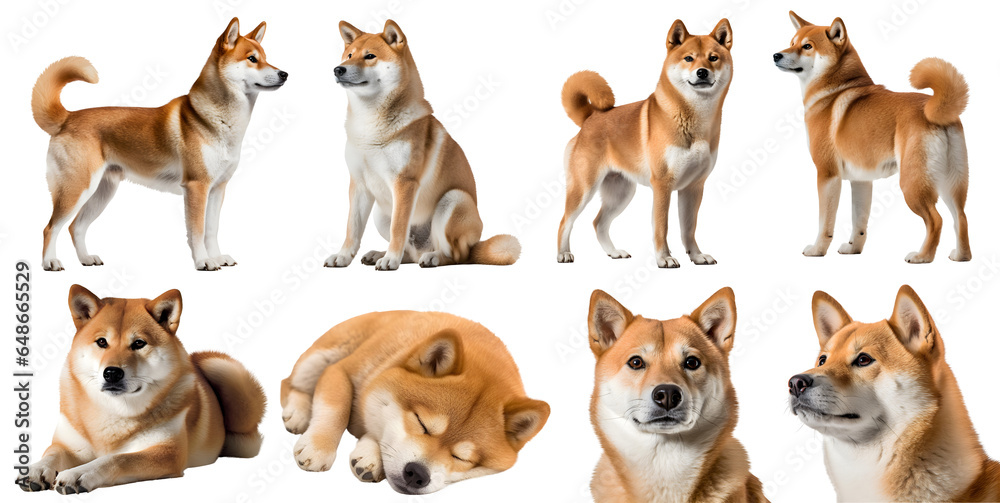Shiba Inu dog puppy, many angles and view portrait side back head shot ...