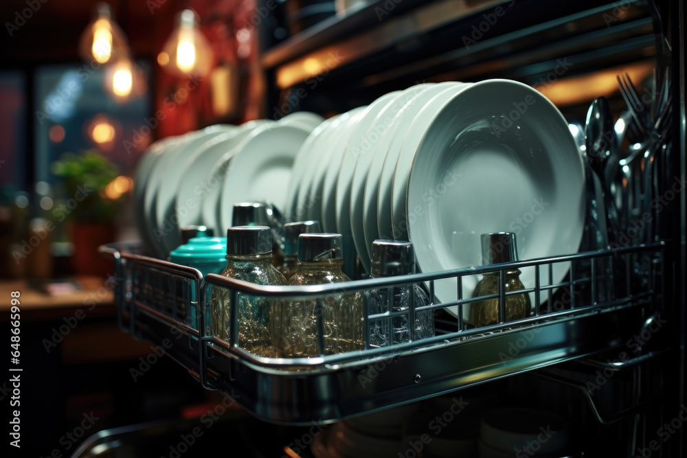 The rhythmic hum of a dishwasher as it efficiently cleans and sanitizes ...