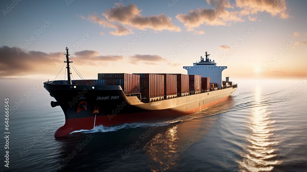 Container ship at the sea with sunset in the background. Highly ...