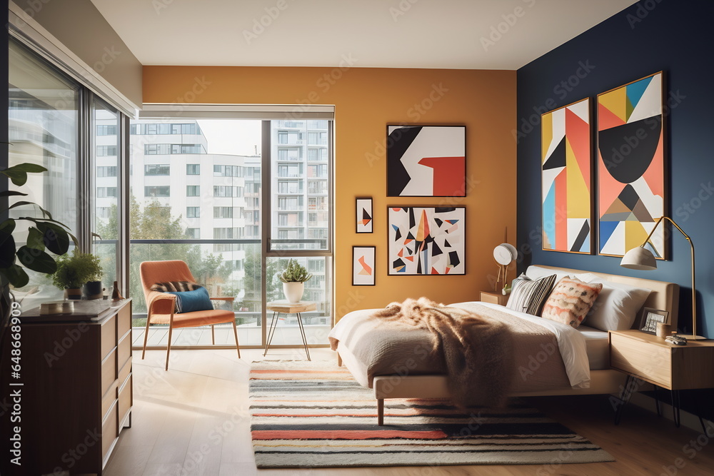 Bedroom with bed and big windows. Geometric patterns create stunning ...