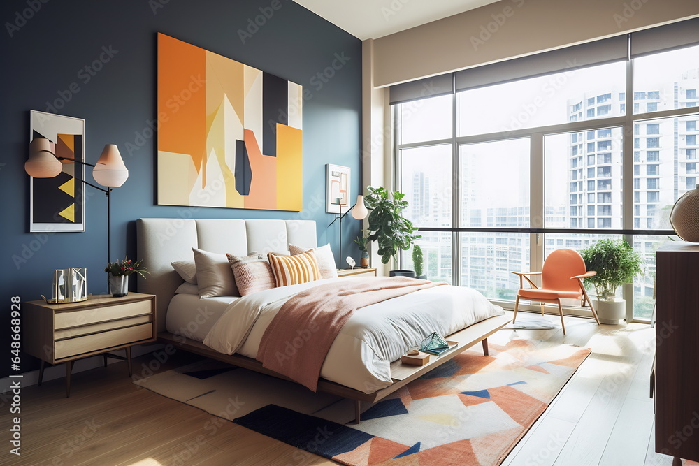 Bedroom with bed and big windows. Geometric patterns create stunning ...