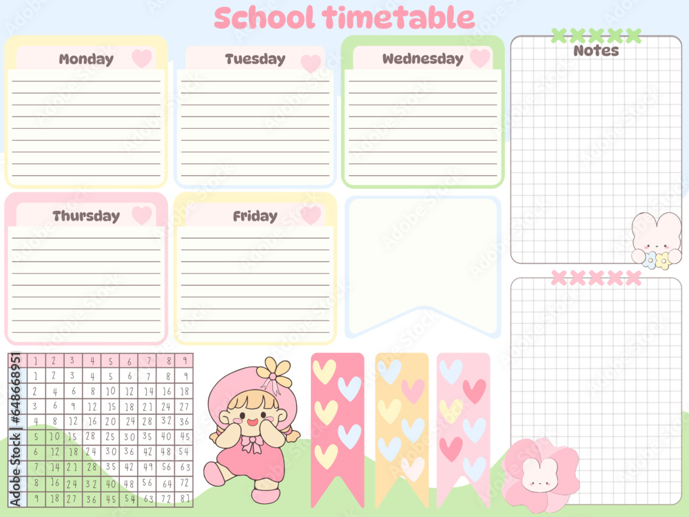 Cute School timetable weekly schedule note's reminder planer for day ...