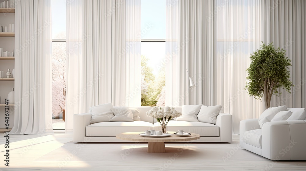 a modern white living room interior. Showcase the beauty of the room with large, billowing ...