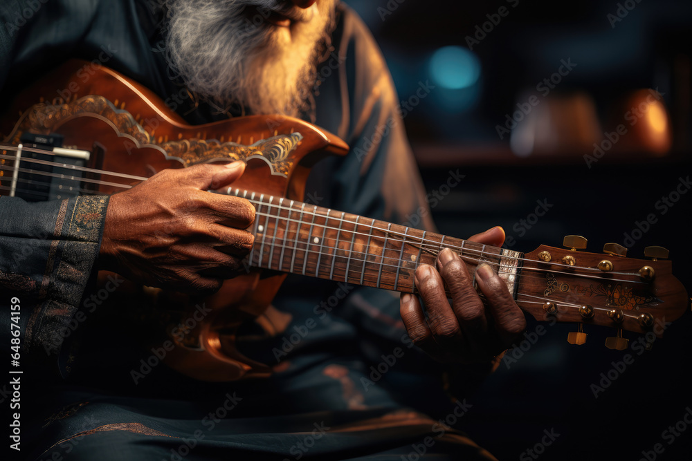 A close-up of a person's hand playing the strings of a sitar, a ...