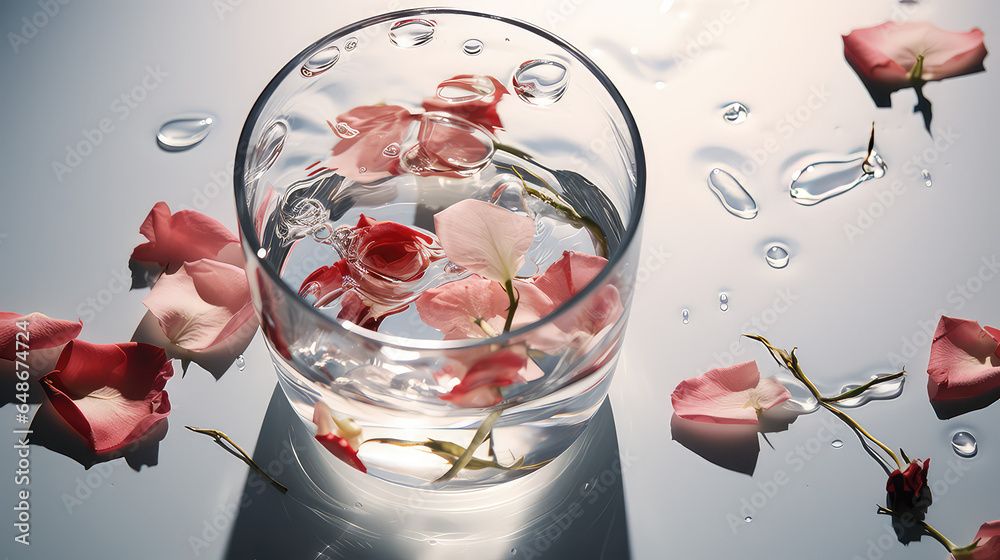 Fresh rose petals in clear glass water. Creative concept for natural ...