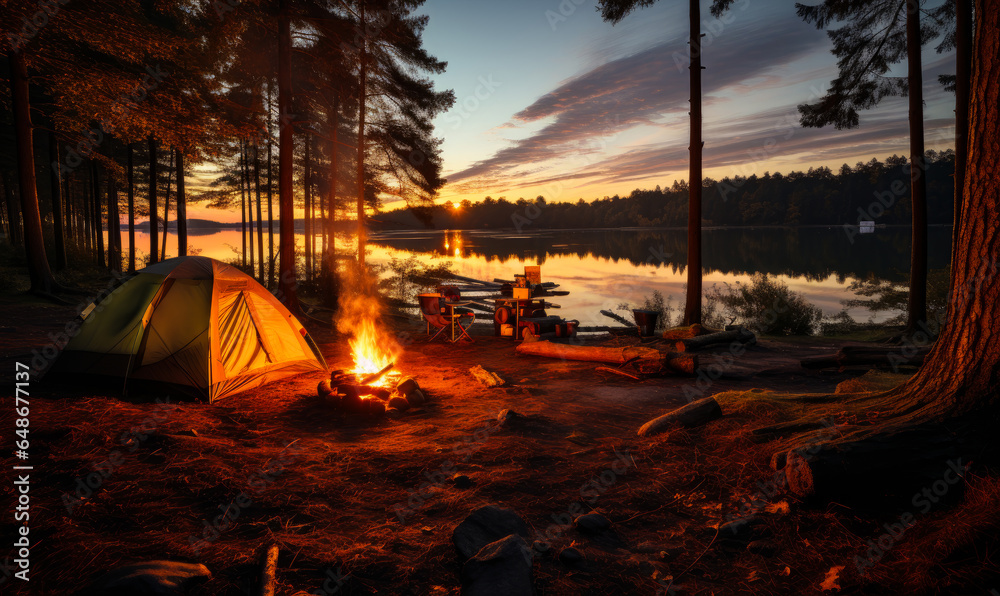 A cozy campsite with a crackling campfire and a tent under a starry night sky. A camp site with ...