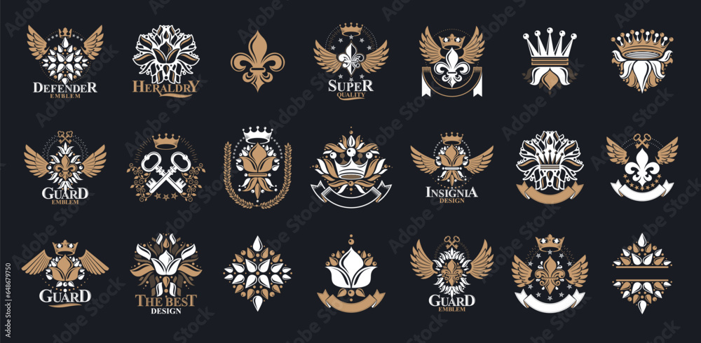 Vetor de Classic style De Lis and crowns emblems big set, lily flower ...