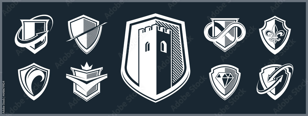 Classic shields shapes set with different additional elements vector ...