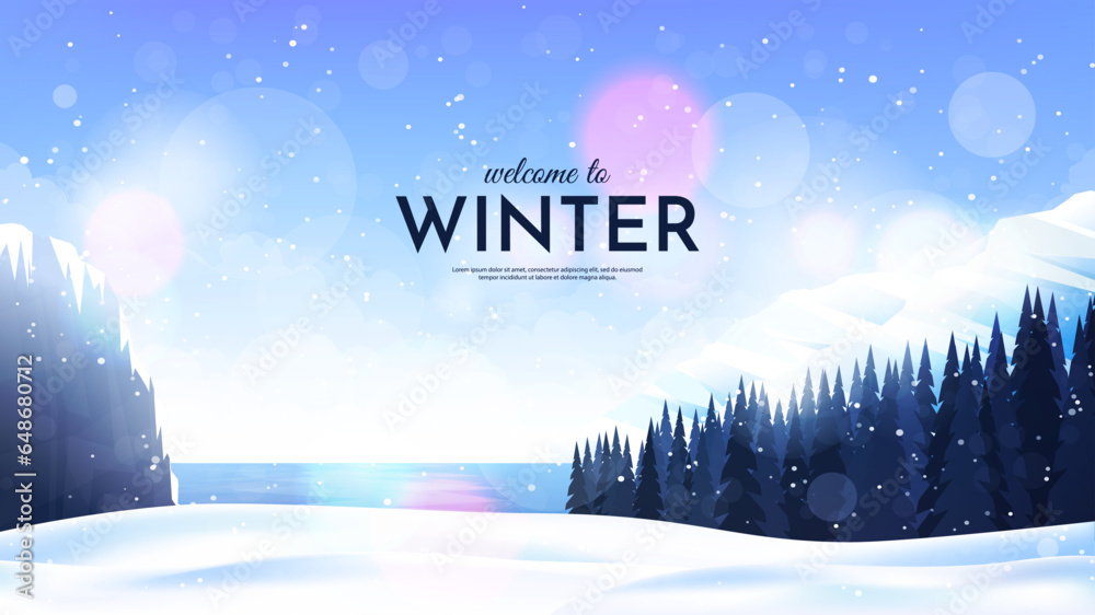 Vector illustration. Flat landscape. Snowy background. Snowdrifts ...