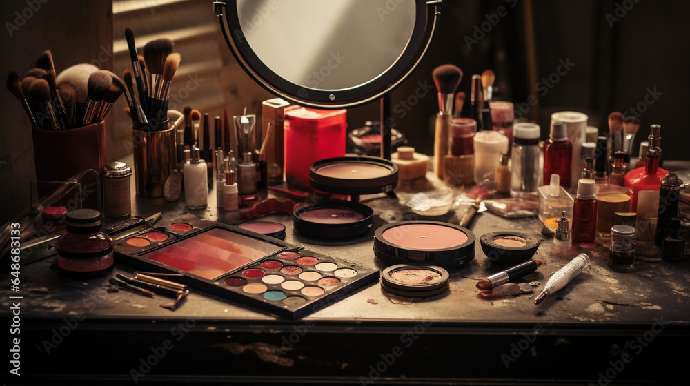 makeup artist's table, cluttered with a spectrum of eyeshadow palettes ...