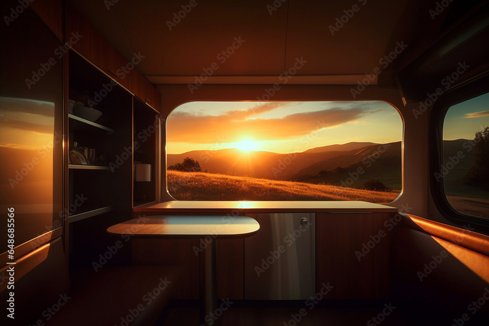 Sunset or sunrise through motor home caravan RV window from inside ...