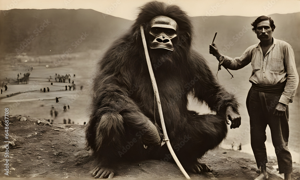 Science and mysteries concept, ancient portrait of past alien monsters ...