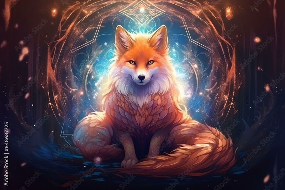 Majestic kitsune fox with divine aura in a magical universe. Awe ...