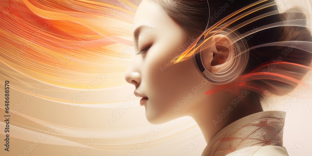 Chinese Woman Listens to Sound Signals Entering Her Ear, Highlighting ...